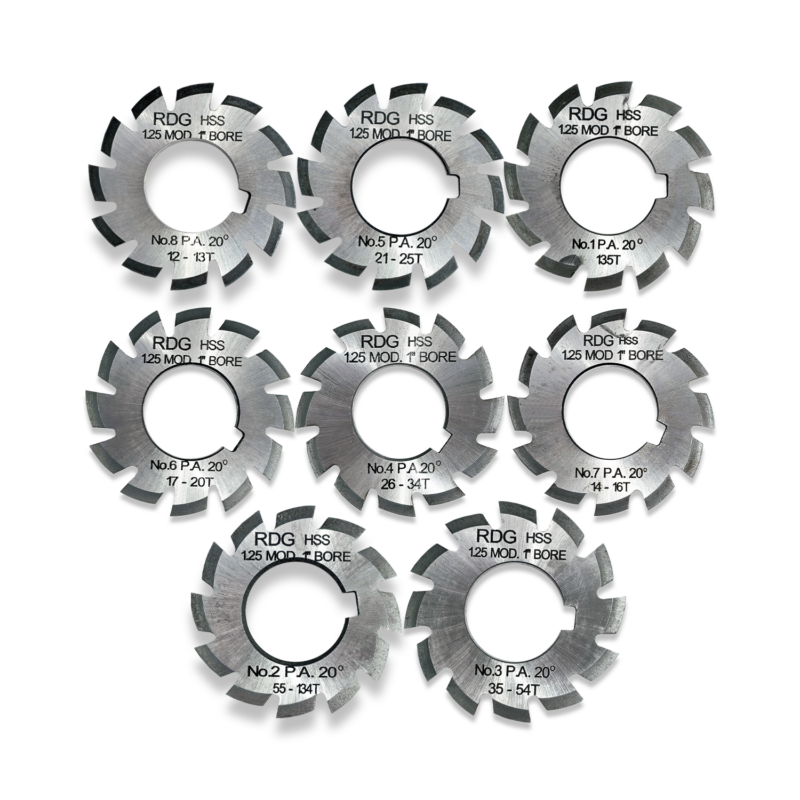 FULL SET OF 1.25 MODULE GEAR CUTTERS 1-8 - RDG Tools