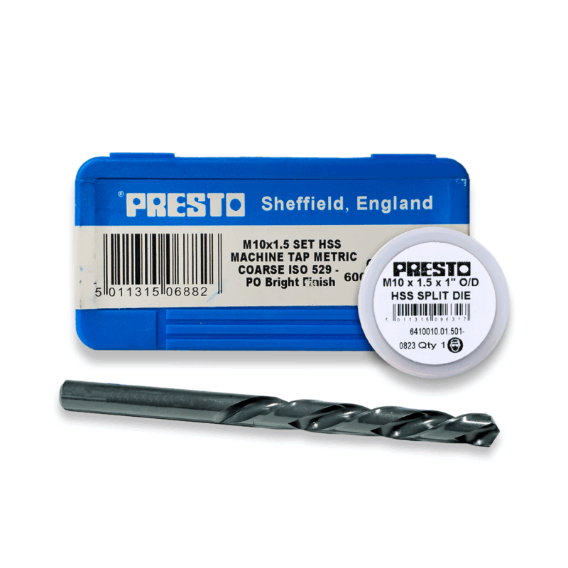 Presto M10 x 1.5 HSS Taps and Die Set + 8.5mm Tapping Drill - RDG Tools
