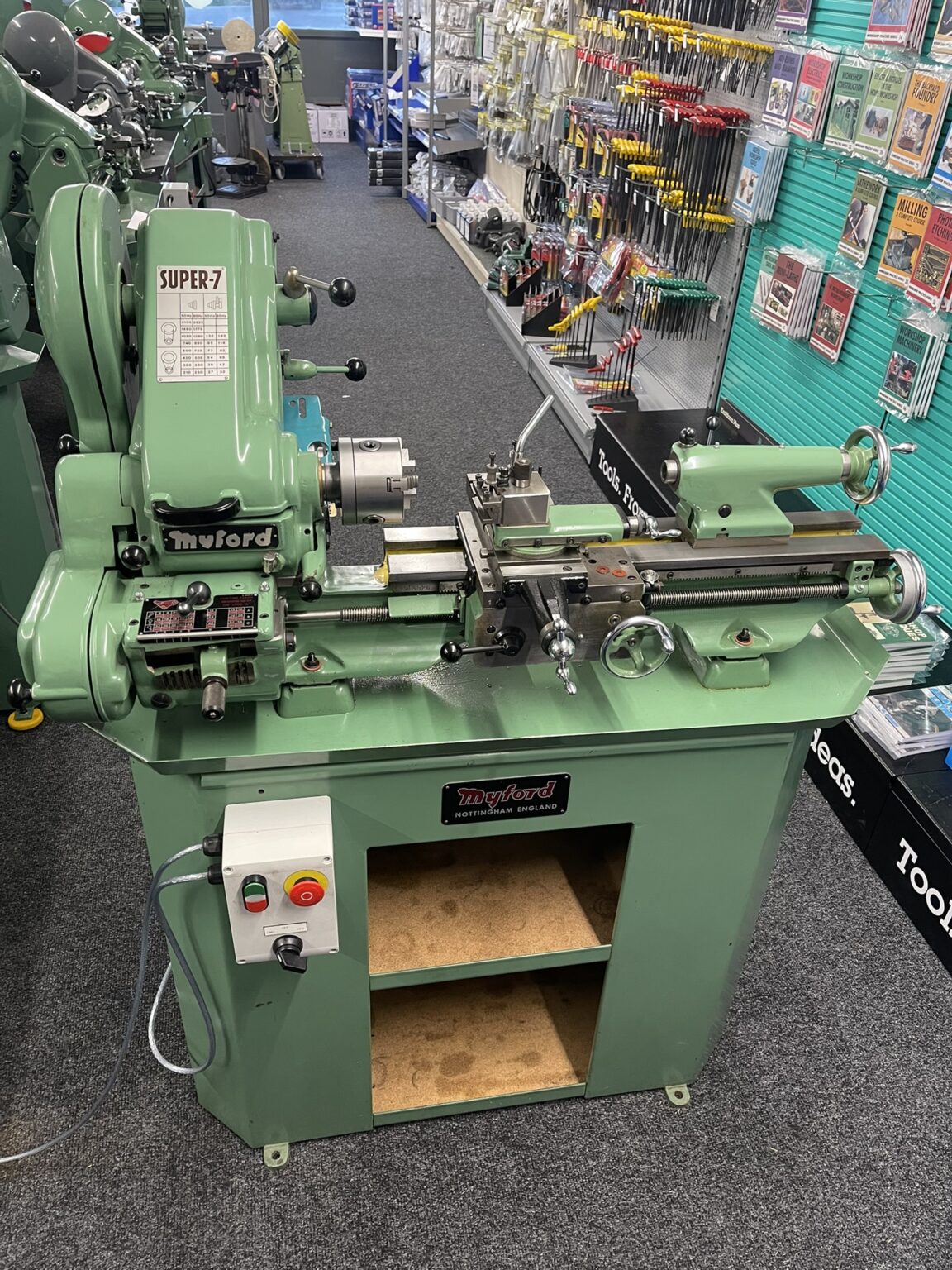 Used Myford Super 7 lathe on cabinet with gearbox power cross feed 240v ...