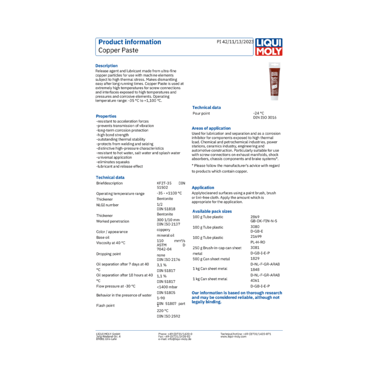 LIQUI MOLY Copper Paste 100g Tube Copper Grease 3080 - RDG Tools